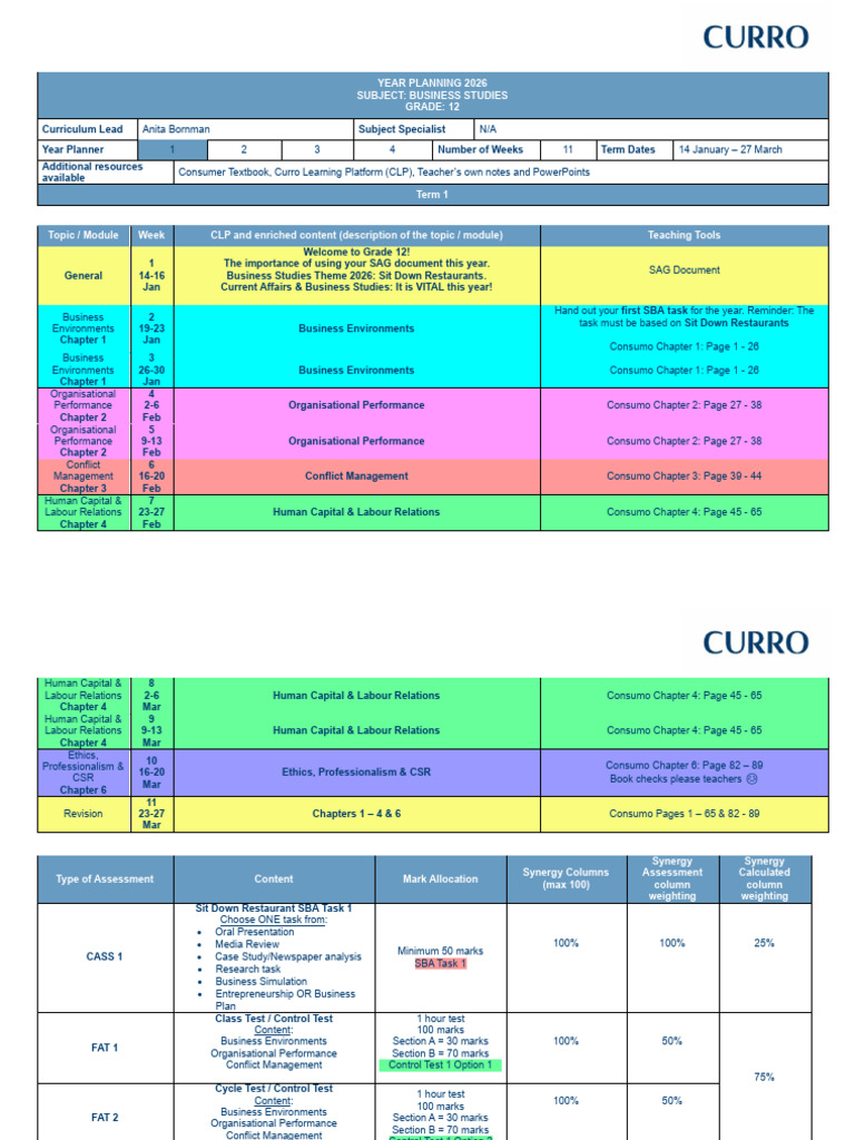 Business Studies Grade 12 2026 Year Planning | PDF