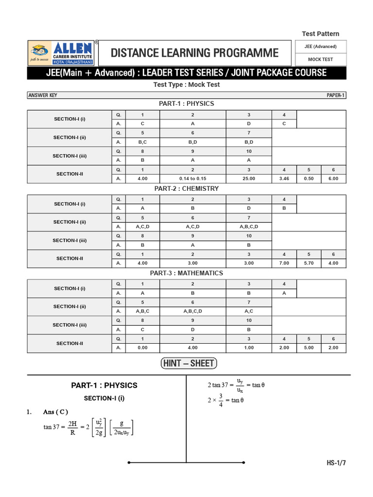 JEE Advanced 2025 Sample Paper Mock Test Answer Key Solution Leader ...