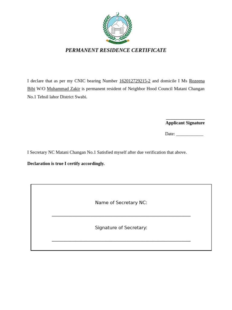 Permanent Residence Certificate Rabz Ali | PDF