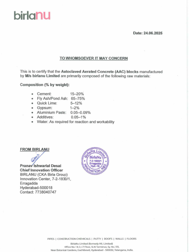 Aac Block Raw Material Declaration | PDF