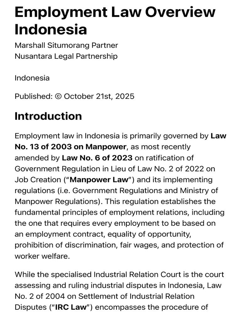 Employment Law Overview Indonesia - L&E Global | PDF | Cost Of Living ...