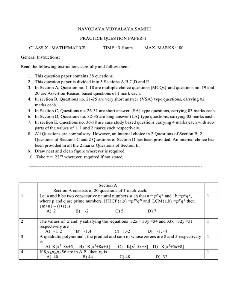 Mathas Sample Paper 1 | PDF