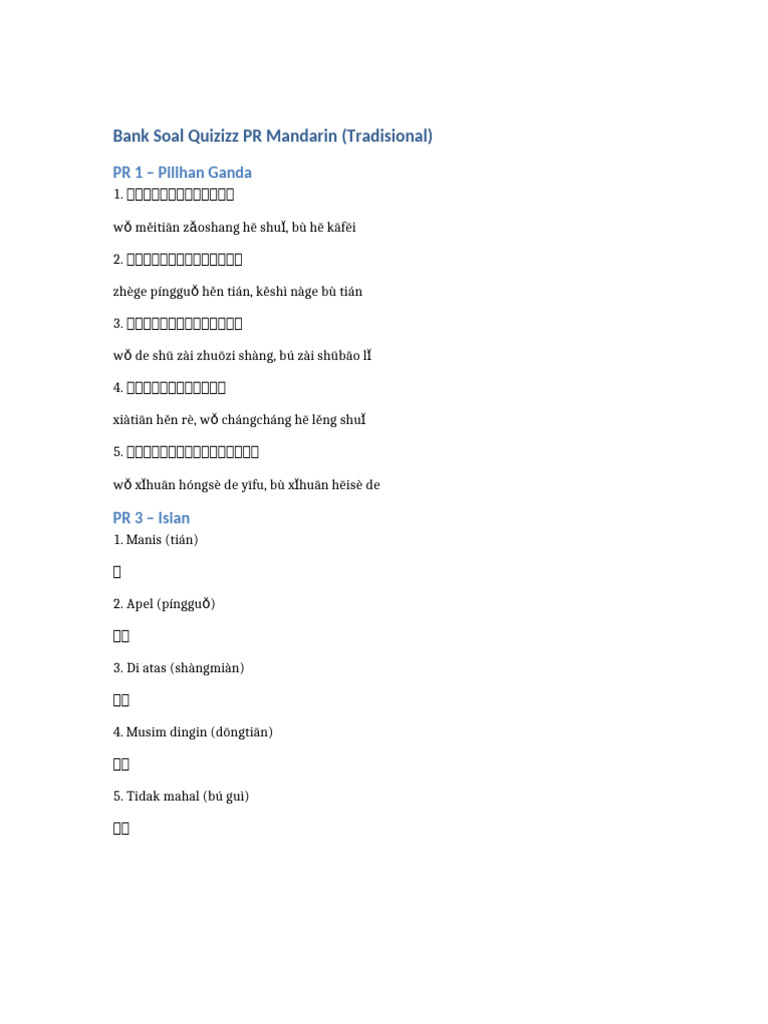 Bank Soal Quizizz Mandarin | PDF