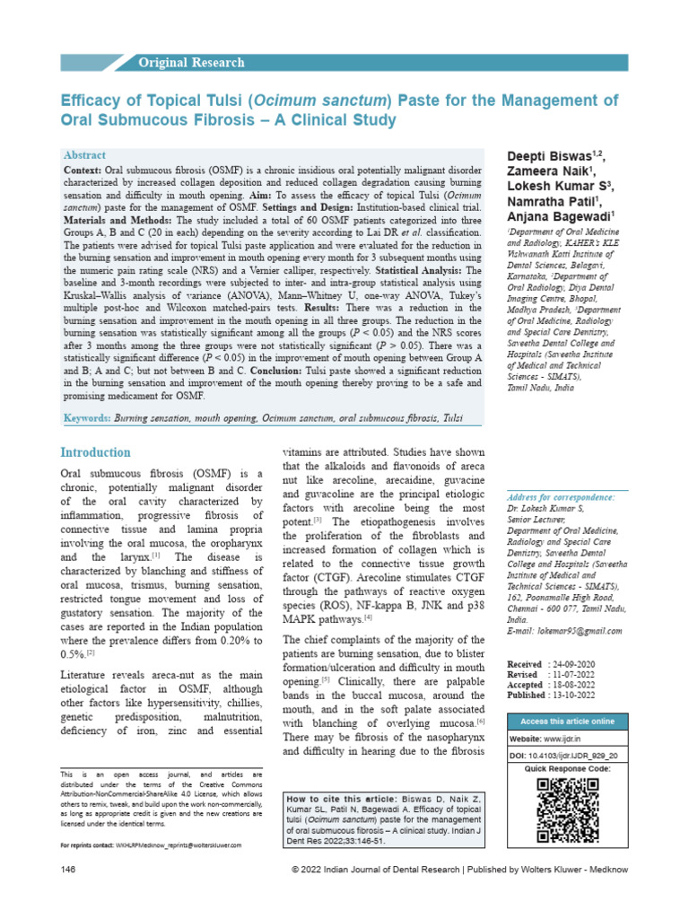 Efficacy of Topical Tulsi Ocimum Sanctum Paste.8 | PDF | Confidence ...