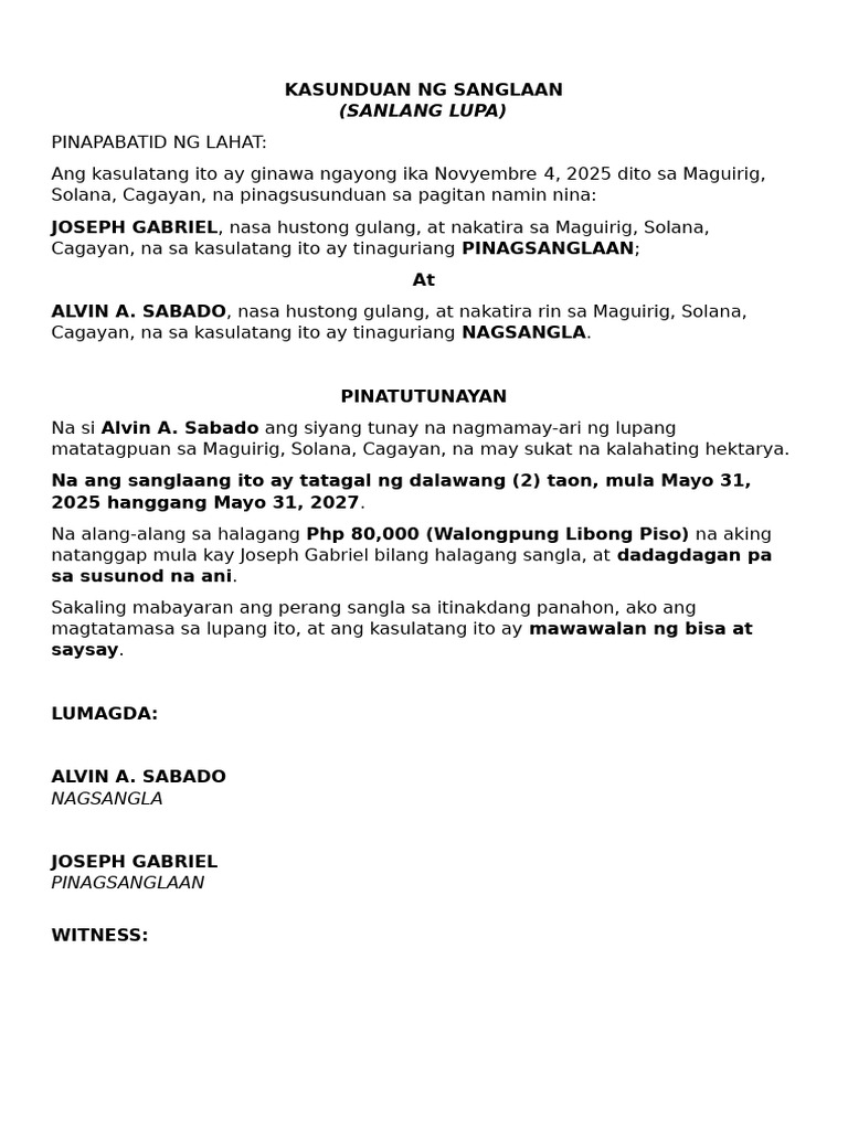 Kasunduan NG Sanglaan | PDF