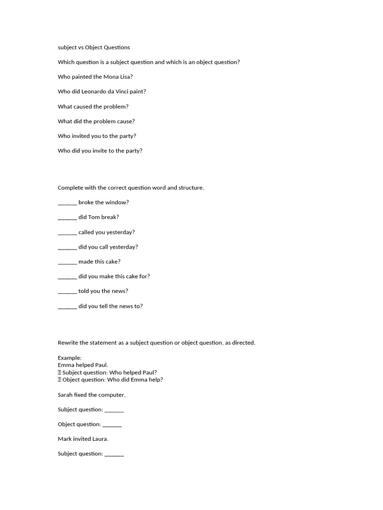 Subject Vs Object Questions | PDF