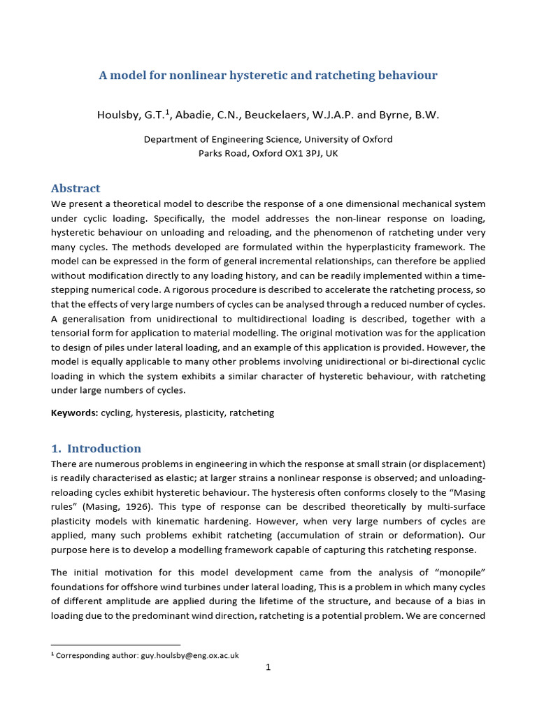 A Model For Nonlinear Hysteretic and Ratcheting Behaviour | PDF ...