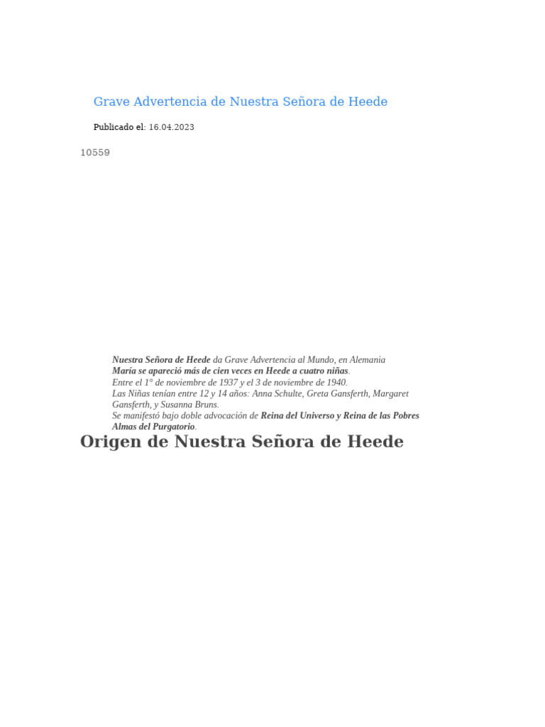 Grave Advertencia de Nuestra Señora de Heede | PDF | María, madre de ...
