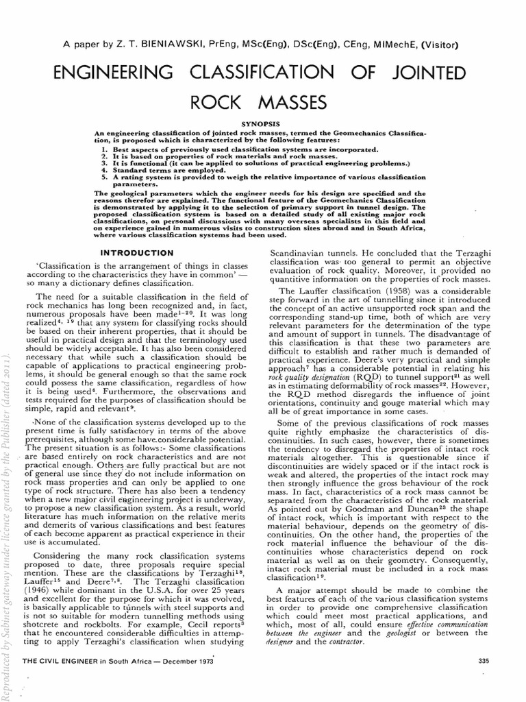 Bieniawski 1973 Engineering Classification of Jointed Rock Masses | PDF ...