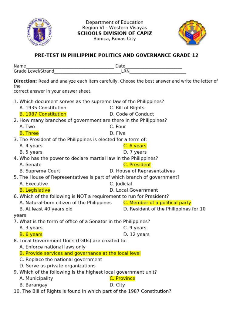 PRE-TEST - Answer Key | PDF | Presidents Of The United States ...