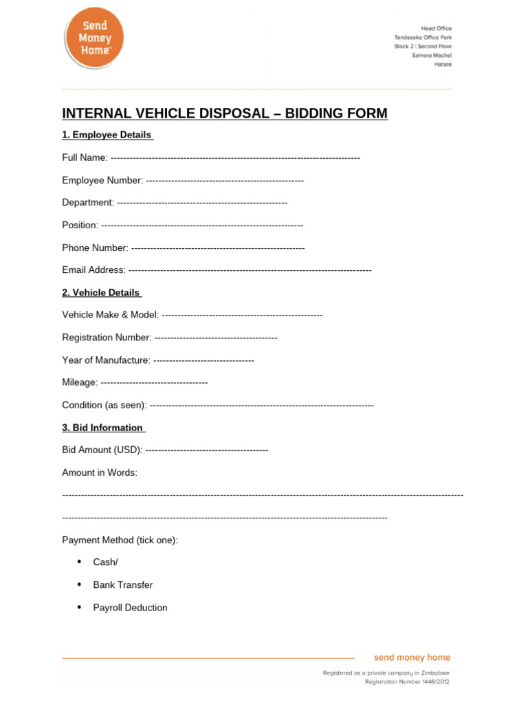 Send Money Home - Vehicle Bidding Form (Internal) Fin | PDF