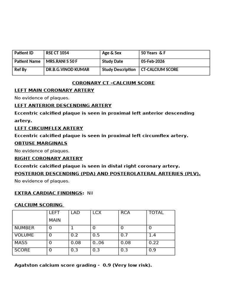 05.02.2026 Rani S 50 F - Rse CT Coronary Calcium Score | PDF