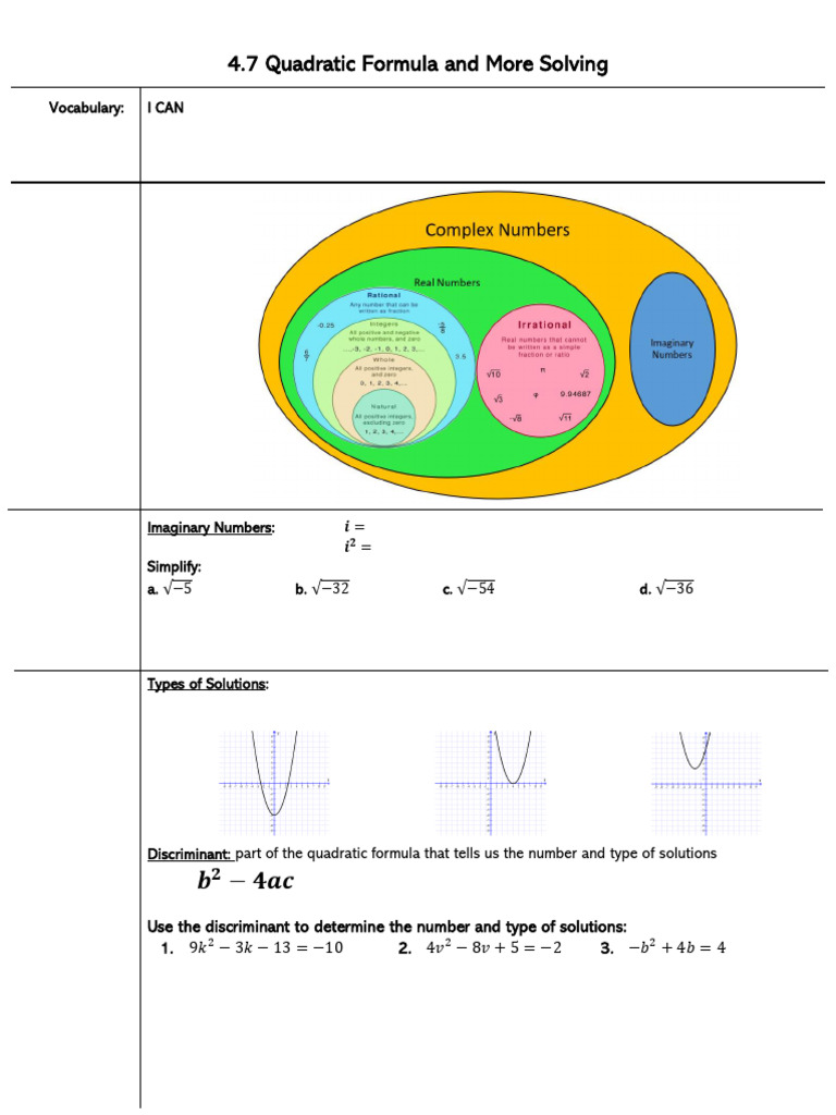4.7 Discriminant and Quadratic Formula CORNELL NOTES.docx | PDF