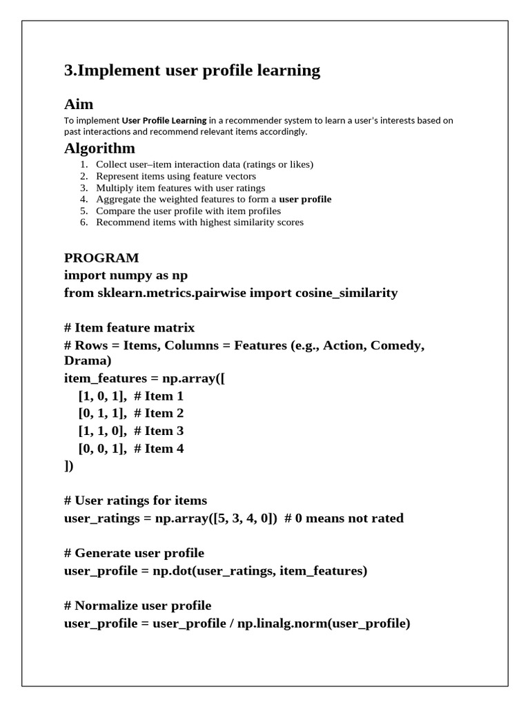 3.implement User Profile Learning: Aim Algorithm | PDF