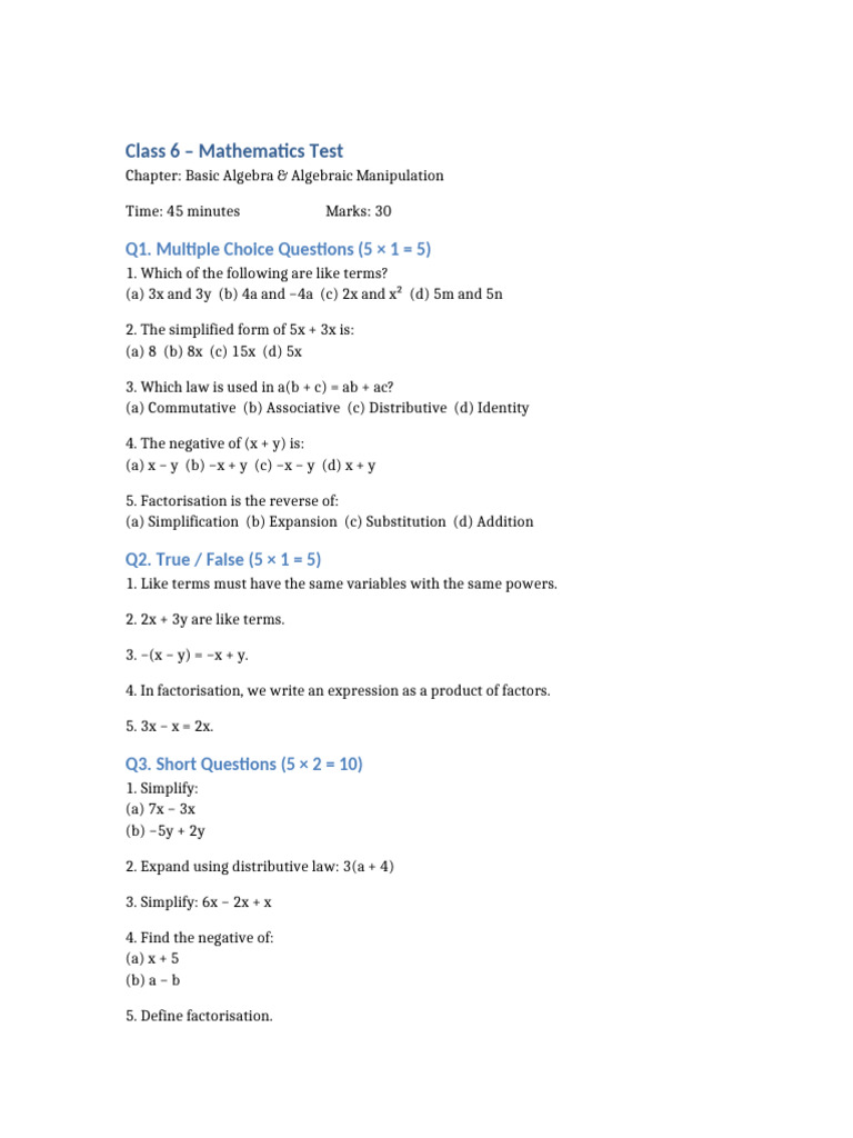 Class 6 Algebra Test | PDF