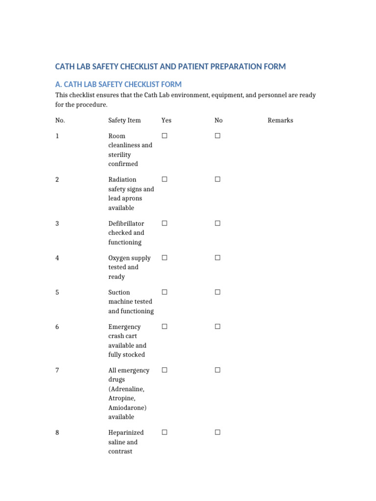 Cath Lab Safety and Patient Preparation Form-1 | PDF | Medicine ...