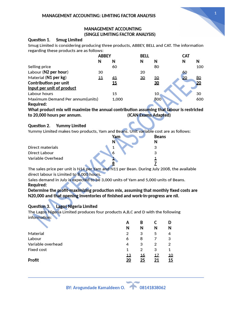 MA (Limiting Factor Analysis) | PDF | Profit (Economics) | Management ...