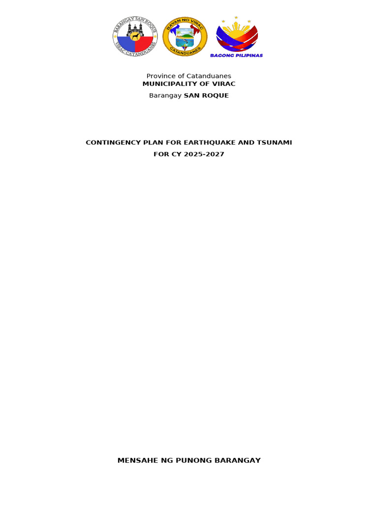 CONTINGENCY PLAN FOR EARTHQUAKE AND TSUNAMI Brgy Level | PDF