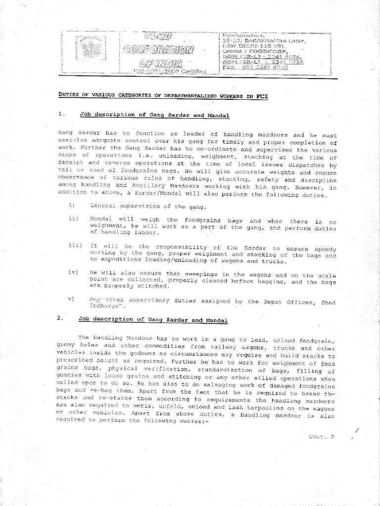 Job Description of FCI Workers | PDF | Land Vehicles