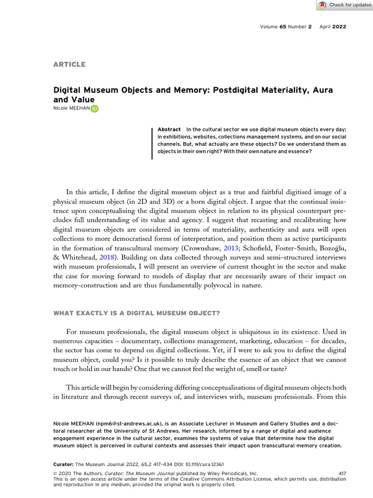 Meehan - 2022 - Digital Museum Objects and Memory Postdigital Mat | PDF ...
