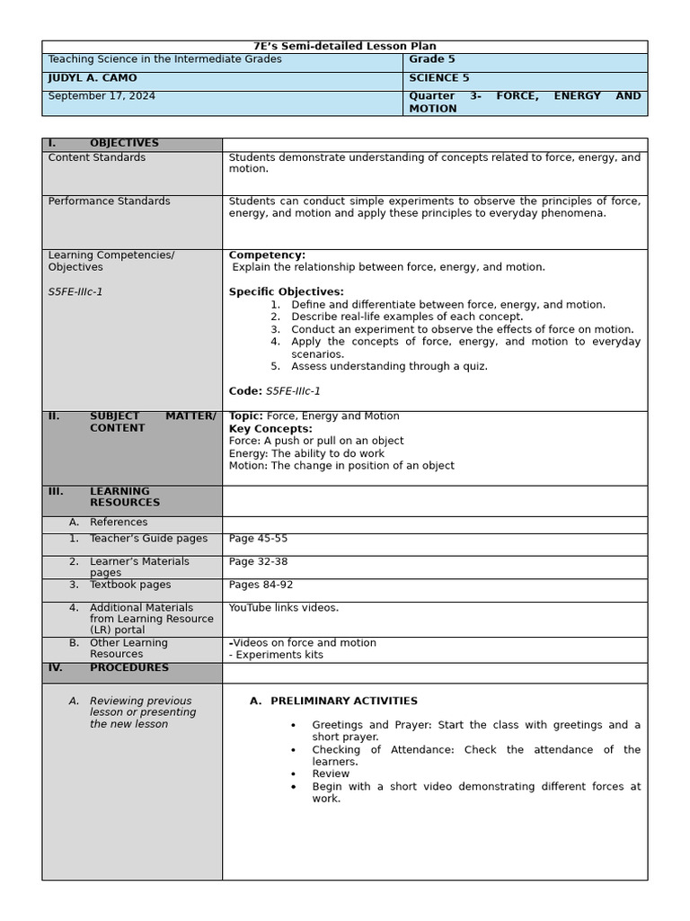 7E's LP Force, Energy and Motion | PDF | Force | Learning