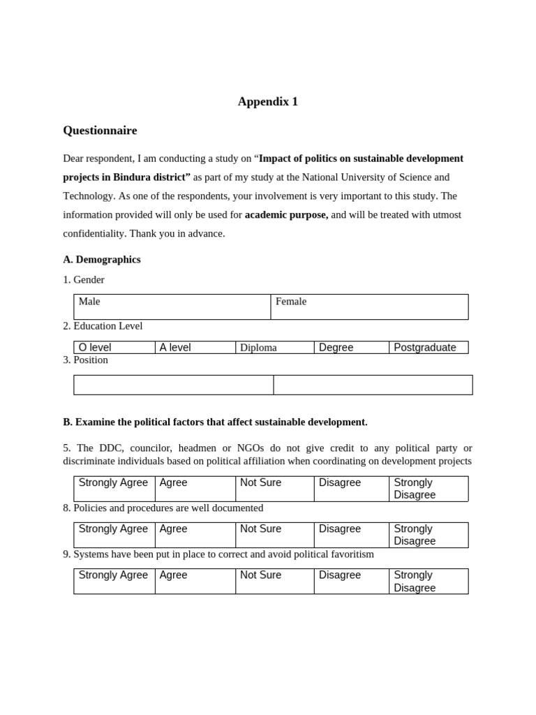 Project Questionnaires Appendix 1 | PDF