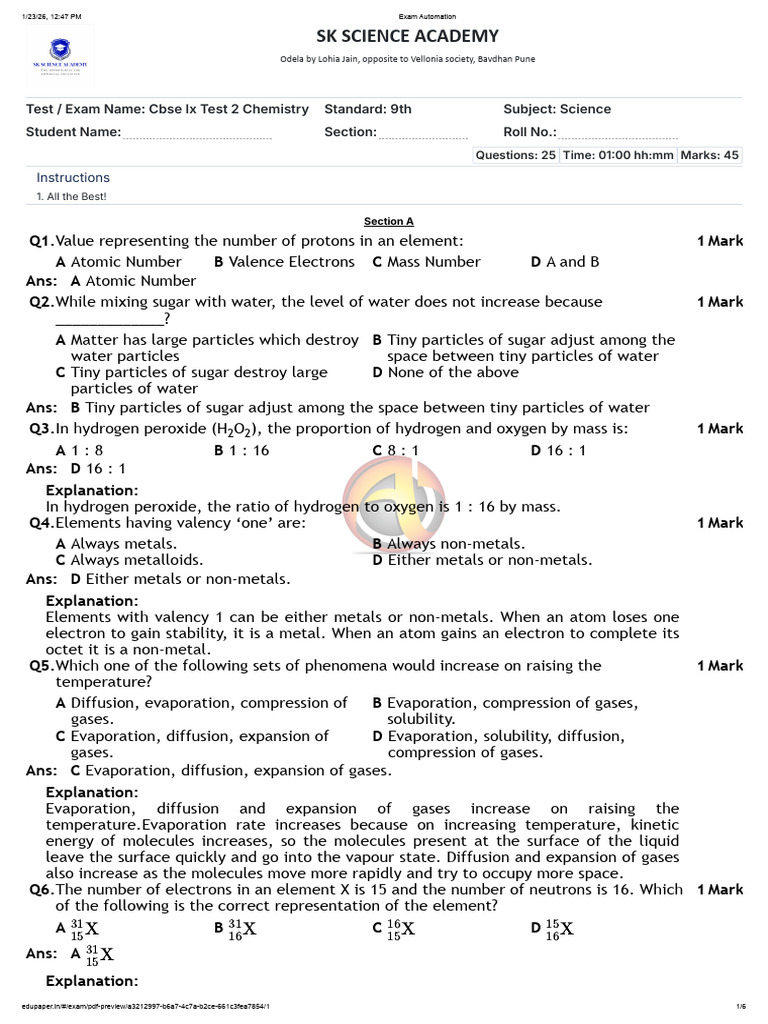CBSE IX Test 2 Chemistry TC | PDF | Atoms | Isotope
