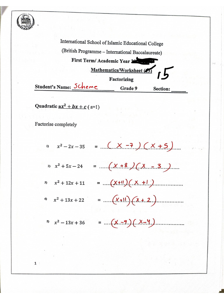 Worksheet 15 Answer (Factorise) | PDF