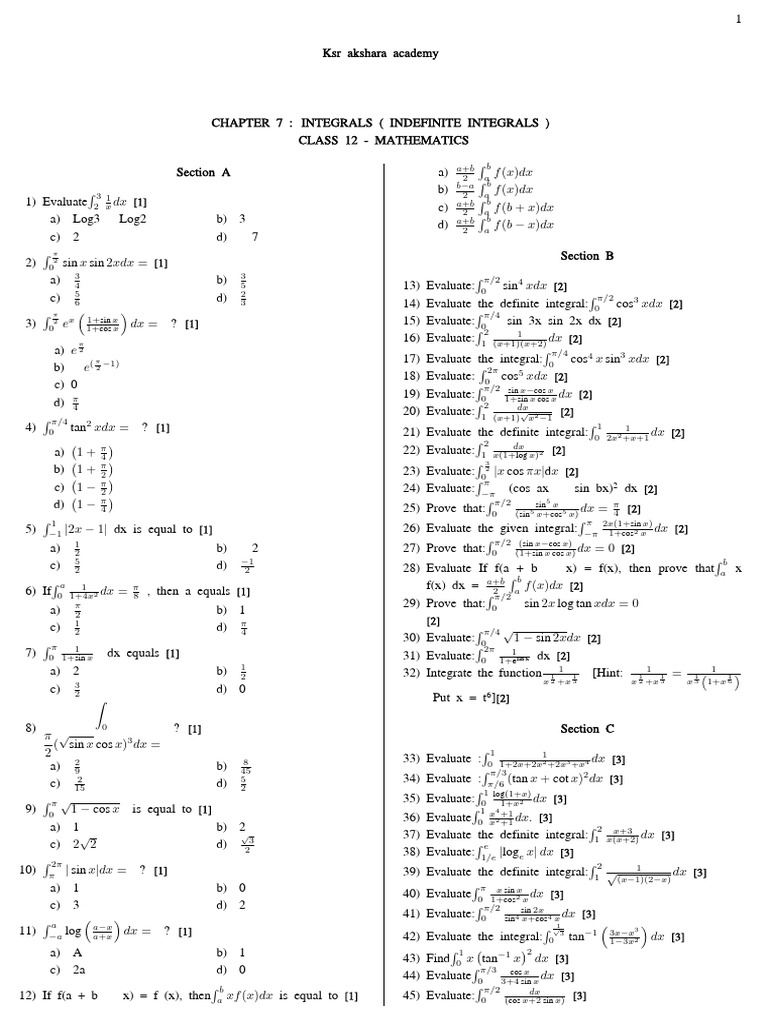 07 Integrals ( Definite Integrals ) QP | PDF | Mathematical Analysis ...