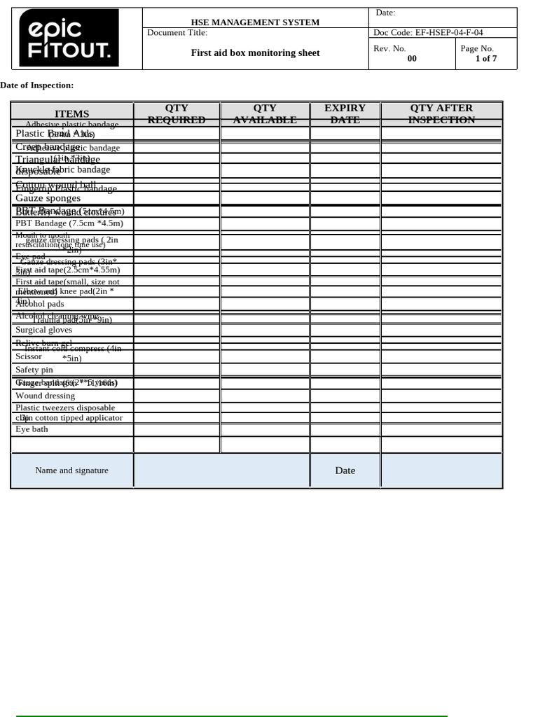 04 EF-HSEP-04-F-04 - First Aid Box Monitoring Sheet | PDF