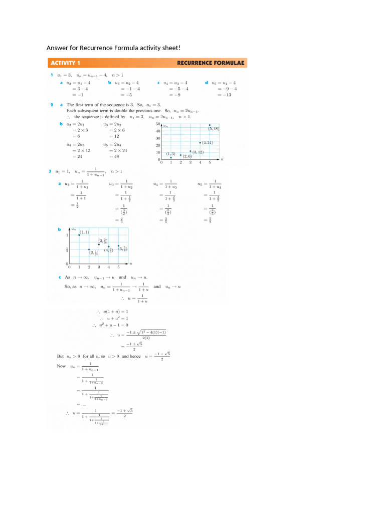 Answer for Recurrence Formula Activity Sheet | PDF
