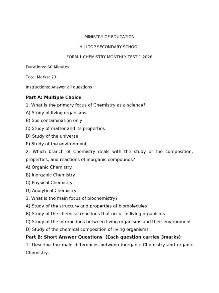Chemistry Form 1 Test | PDF