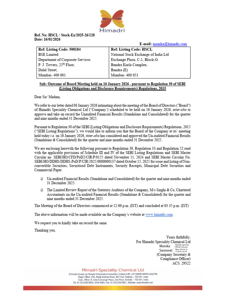 Himadri Q3 FY26 - Financials | PDF | Audit | Accounting