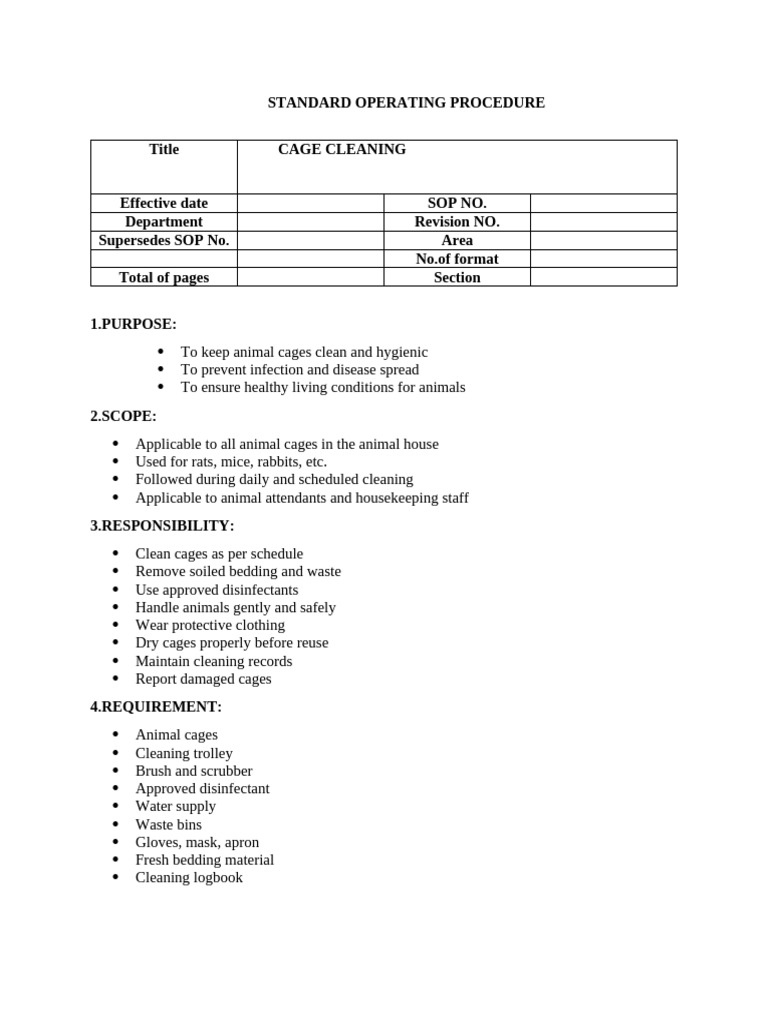 SOP for Cleaning Cage | PDF | Personal Protective Equipment | Hygiene