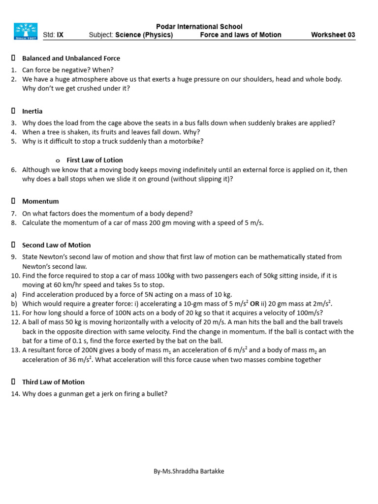 Force & Laws of Motion Worksheet | PDF | Force | Momentum