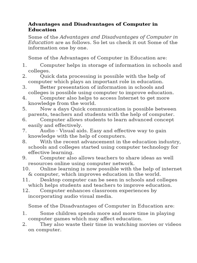 Advantages and Disadvantages of Computer in Education | PDF ...