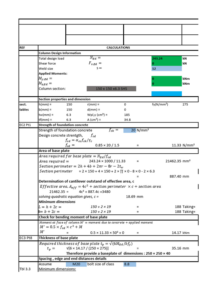 Design of Base Plate For Column C1 | PDF | Applied And ...