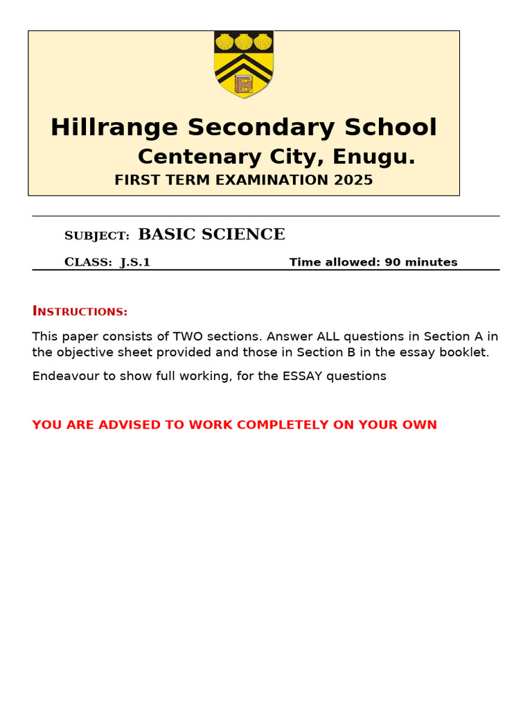 Basic Science Cover Page For Question Paper | PDF