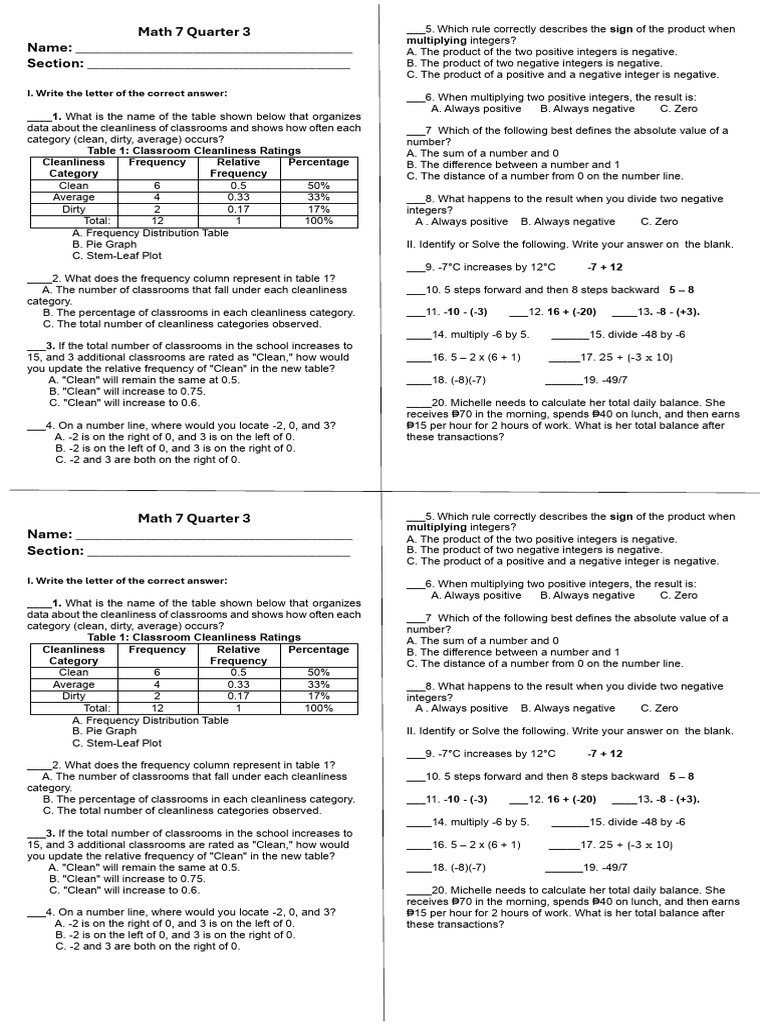 Math 7 Quarter 3 Long Test | PDF | Numbers | Integer
