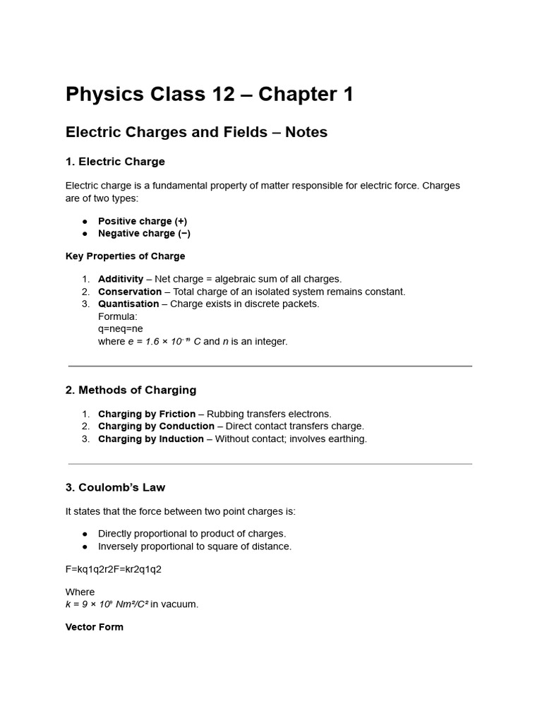 Physics Class 12 - Chapter 1 | PDF | Electric Field | Electric Charge