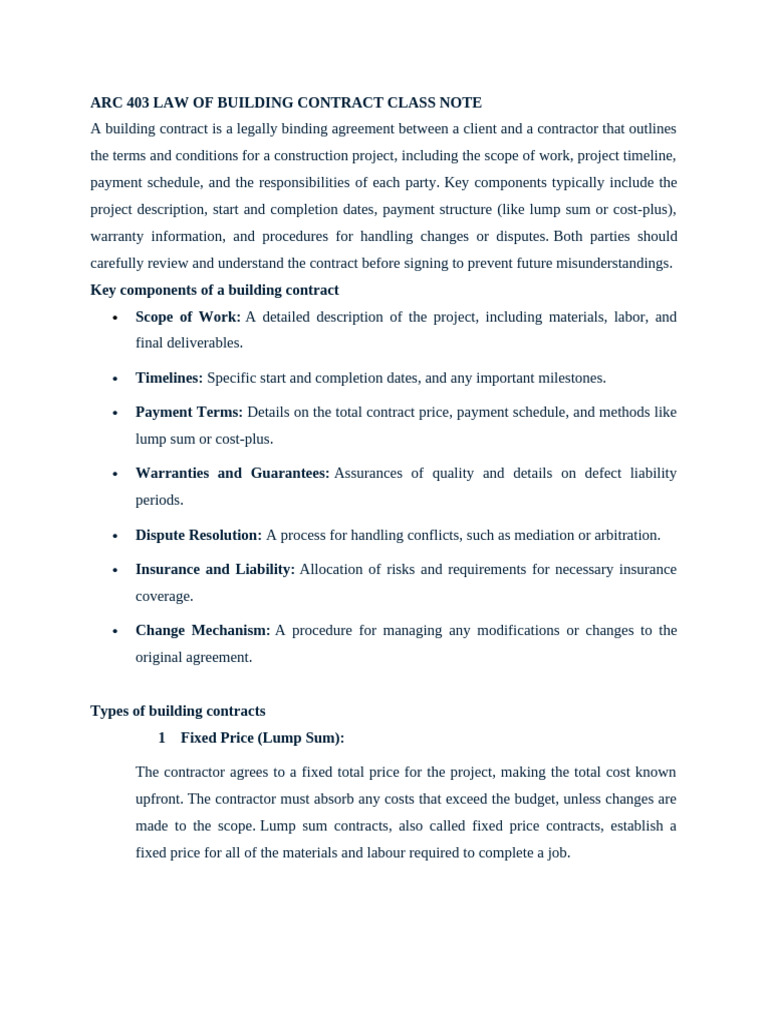 Arc 403 Law of Building Contract Class Note | PDF | Business | Business ...