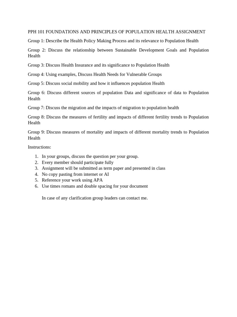 Pph 101 Foundations and Principles of Population Health Assignment | PDF