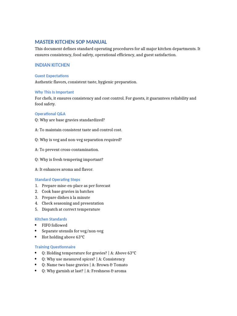 Master Kitchen SOP Manual | PDF | Cuisine | Foods