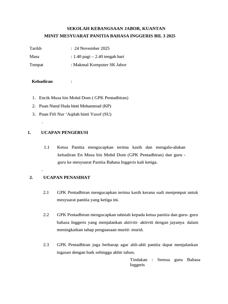 Minit Mesyuarat Panitia BI 3 | PDF