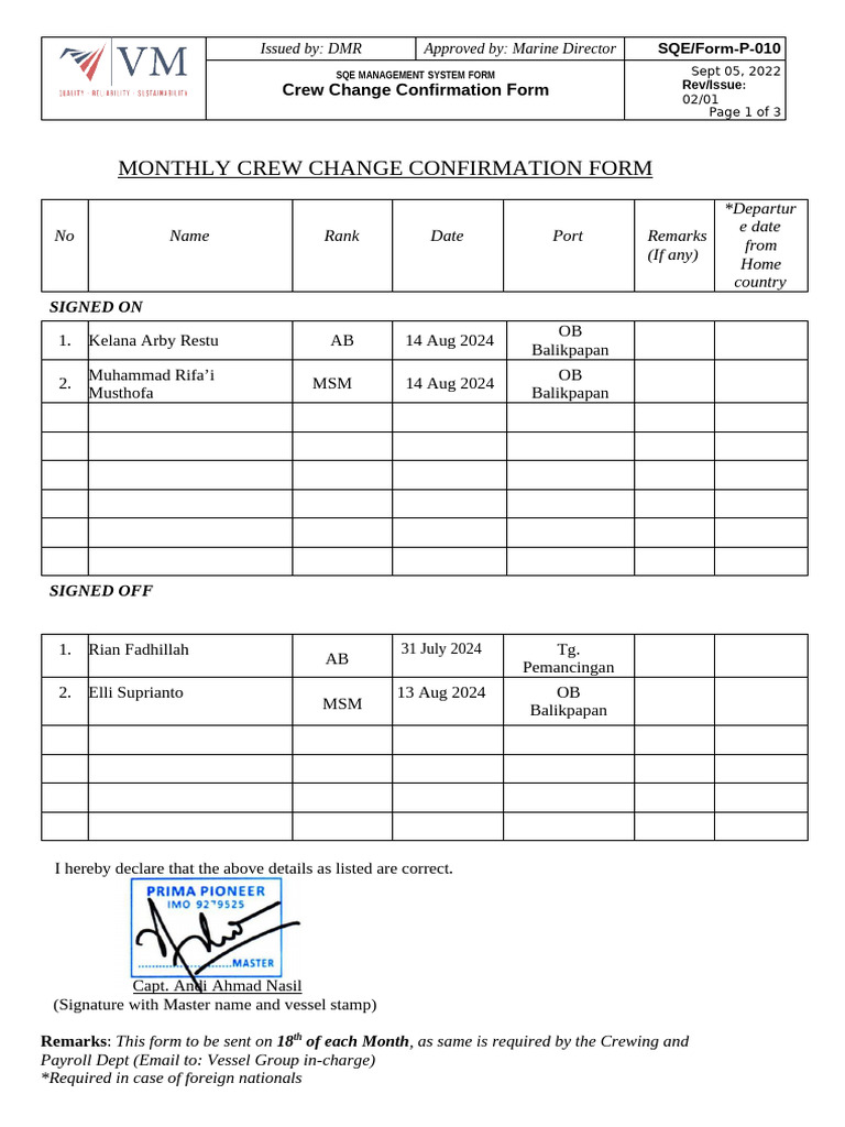 C.) P-010 Crew Change Confirmation August 2024 | PDF
