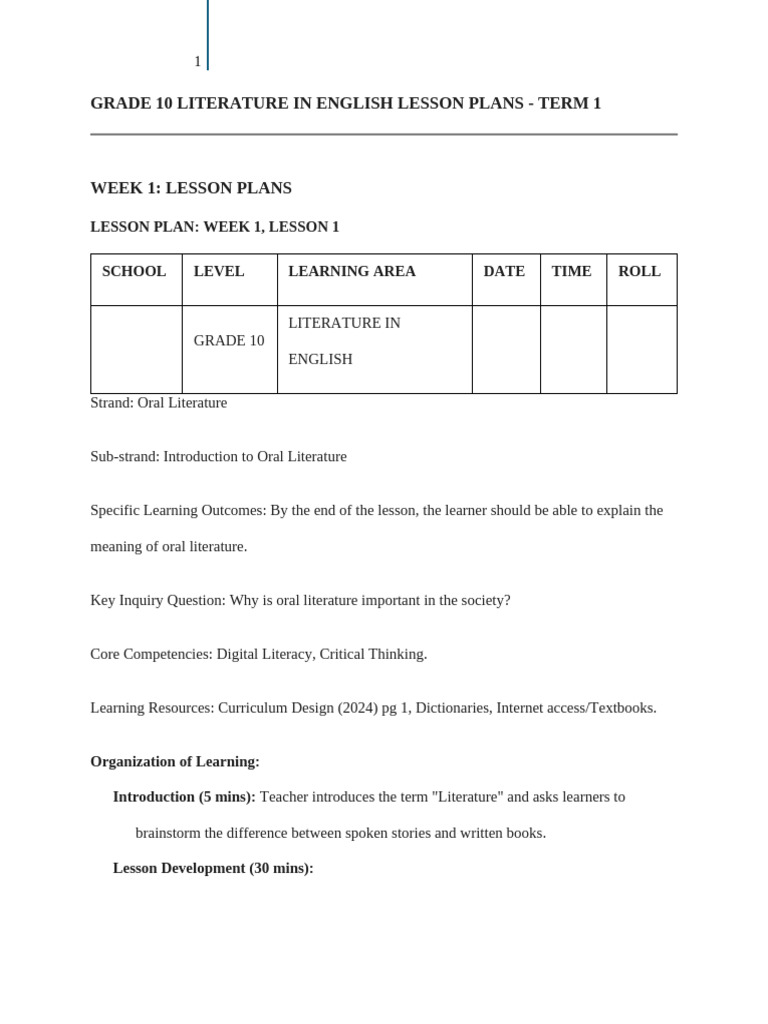 Grade 10 Term 1 Literature Lesson Plans | PDF | Poetry | Lesson Plan