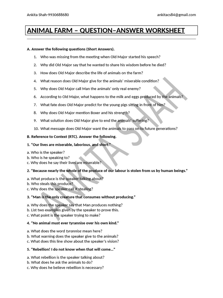 ANIMAL FARM Question Answers | PDF