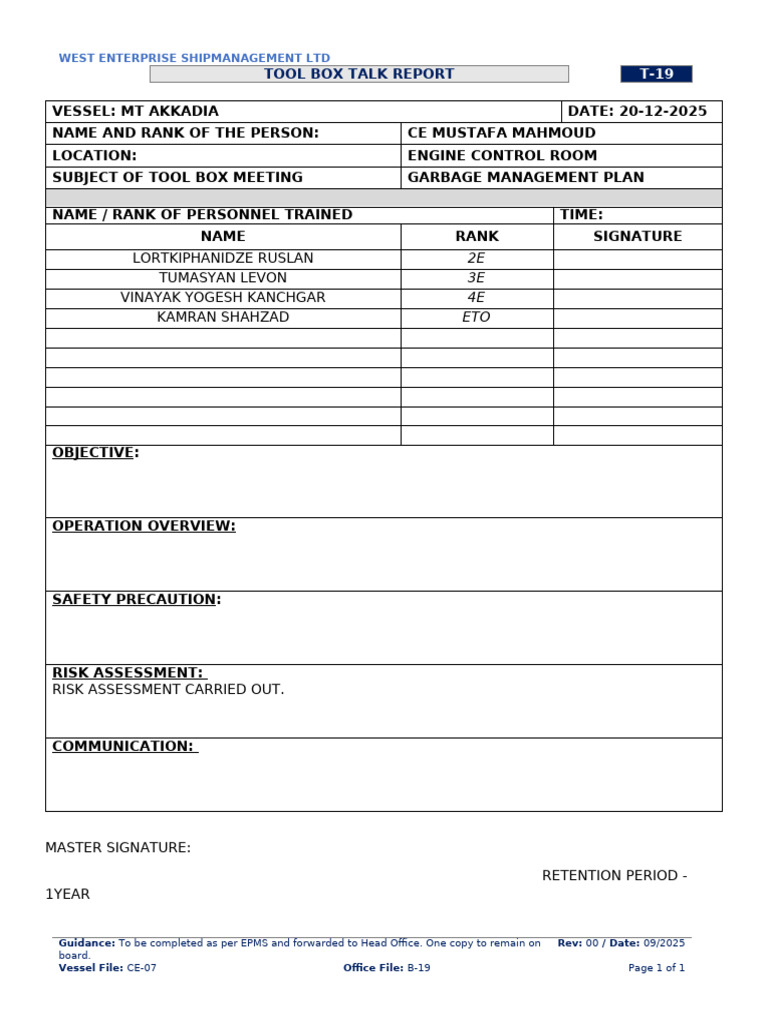 T-19_0 (Tool Box Talk Report) | PDF