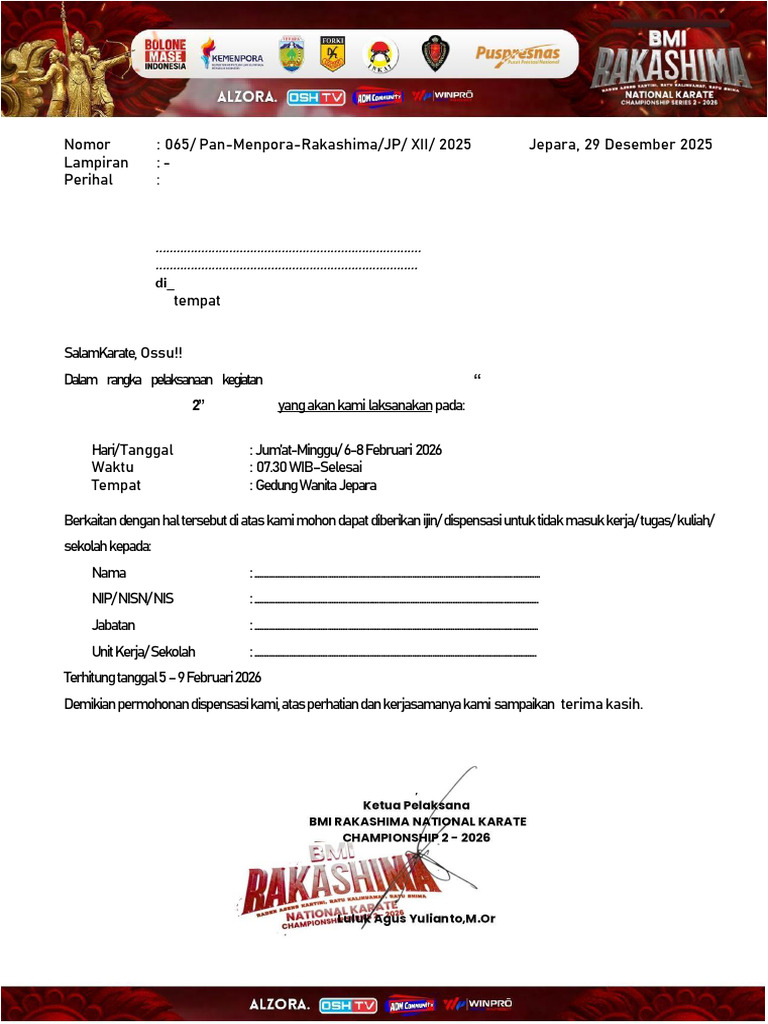 Surat Dispensasi BMI RAKASHIMA Series 2 TH 2026 | PDF