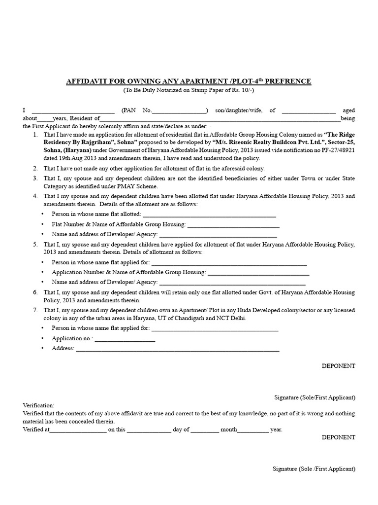 Affidavit for Owning Any Apartment 4th Preference | PDF | Affidavit